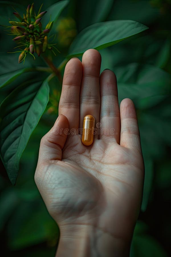 Capsule in Hands on the Background of Nature. Selective Focus Stock ...