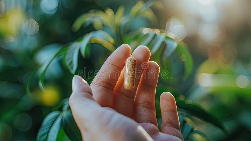 Capsule in Hands on the Background of Nature. Selective Focus Stock ...