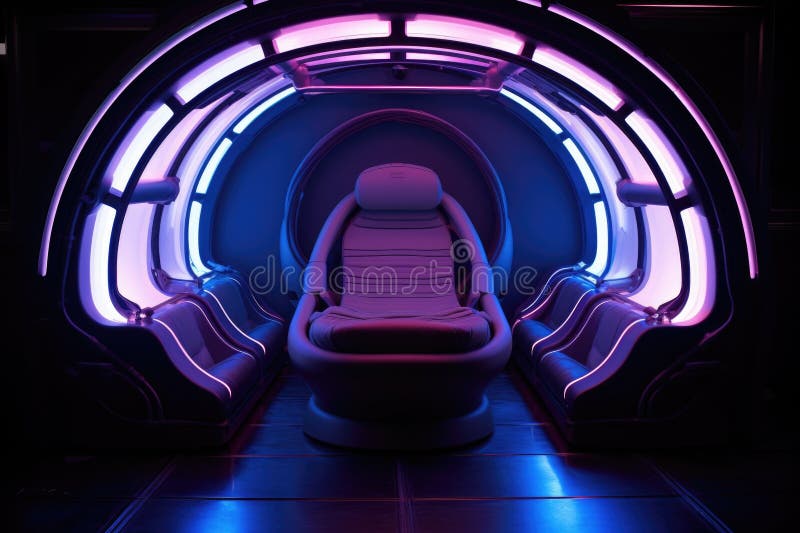 Capsule Sleeping Pod with Blue Neon Lighting Inside a Spaceship Stock ...