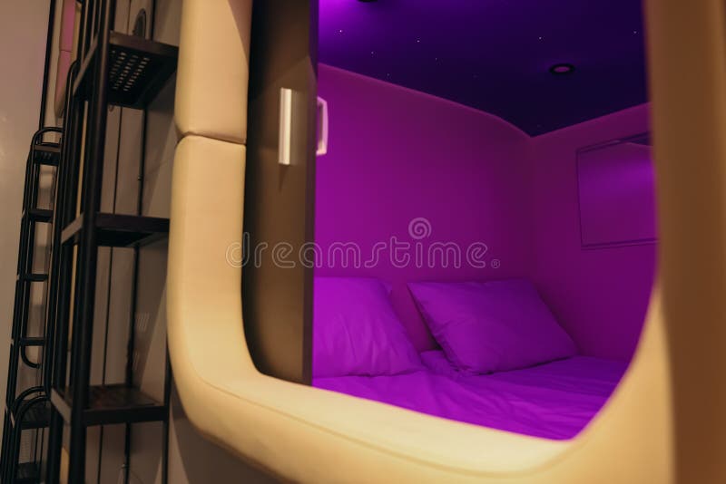 Capsule with Twin Bed in Modern Pod Hostel. Stylish Interior Stock ...