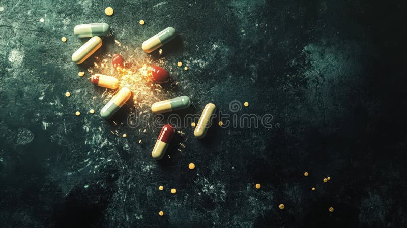 Capsules Exploding Sparks Medicine Pills Scattered Surface Stock ...