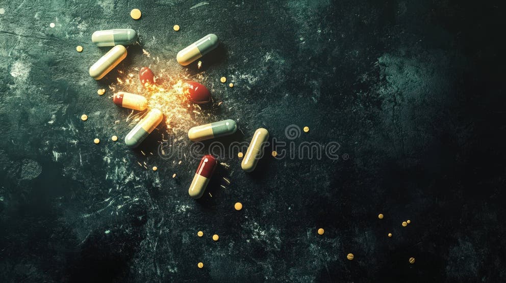 Capsules Exploding Sparks Medicine Pills Scattered Surface Stock ...