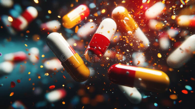 Capsules Falling through Dark Space with Sparkles Stock Illustration ...