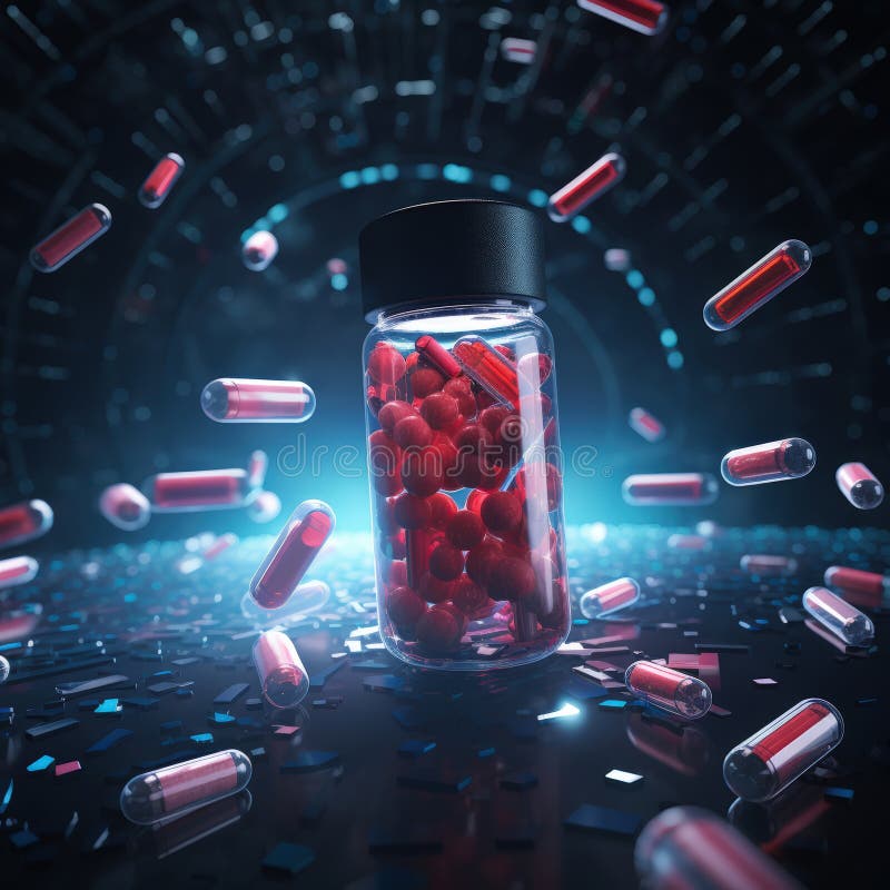 Capsules in a High-Tech Bottle Surrounded by Futuristic Elements Stock ...