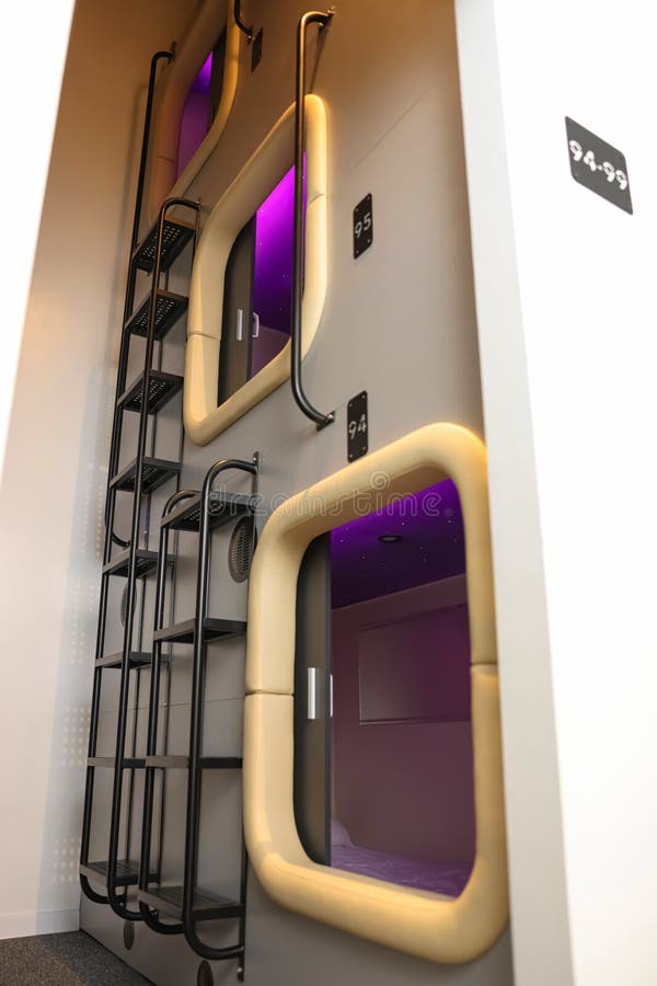 Capsules in Modern Pod Hostel, Low Angle View. Stylish Interior Stock ...