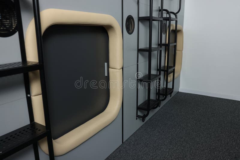 Capsules in Modern Pod Hostel. Stylish Interior Stock Photo - Image of ...