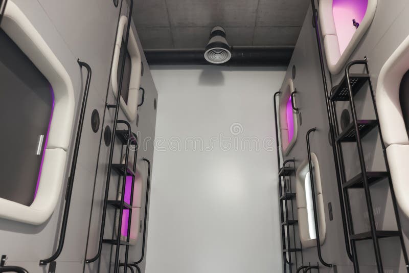Capsules in Modern Pod Hostel. Stylish Interior Stock Photo - Image of ...