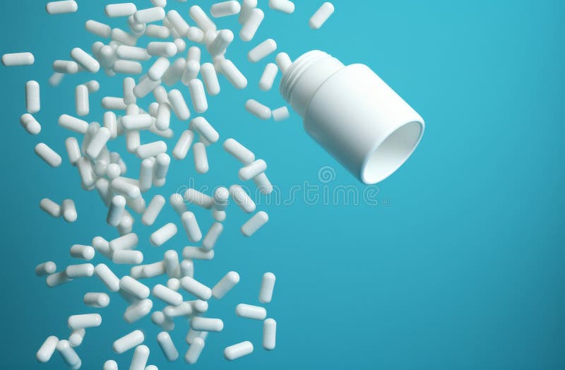 Capsules Scattering from Container on Azure Backdrop Stock Image ...