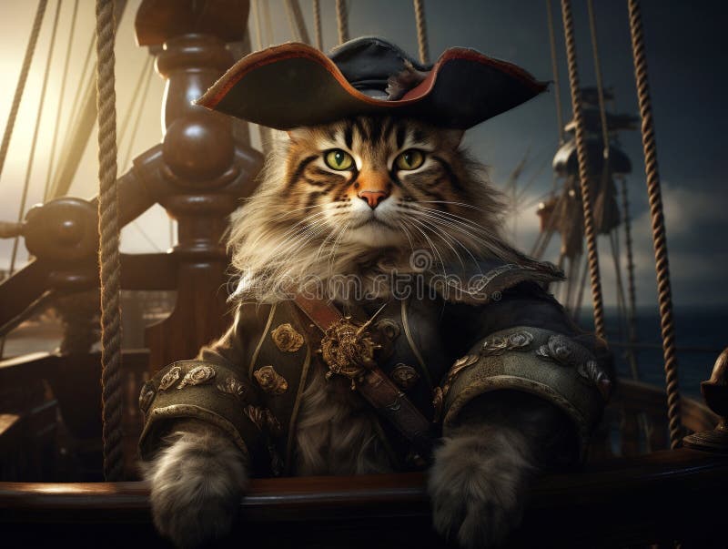 Captain Cat Standing Like Human in the Pirate Ship on the Sea Stock ...