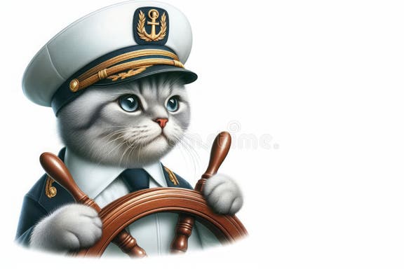 The Captain Cat at the Wheel of a Ship. Space for Text. Stock Image ...
