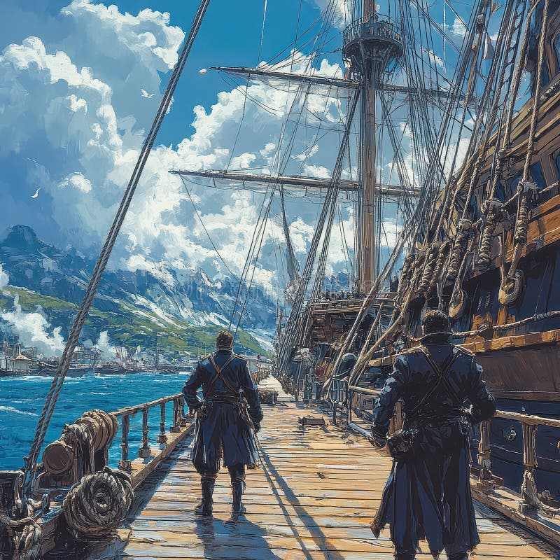 Captain and Crew on Historic Sailing Ship with Dramatic Landscape Stock ...