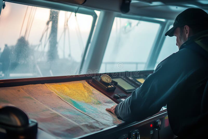 Ship Captain Navigating Large Vessel Foggy Harbor Compass Nautical Maps ...