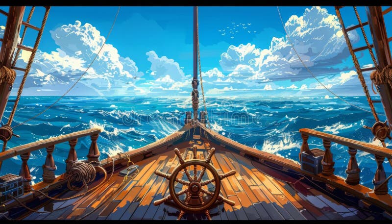 Captains View from Ship S Wheel on Deck Stock Illustration ...