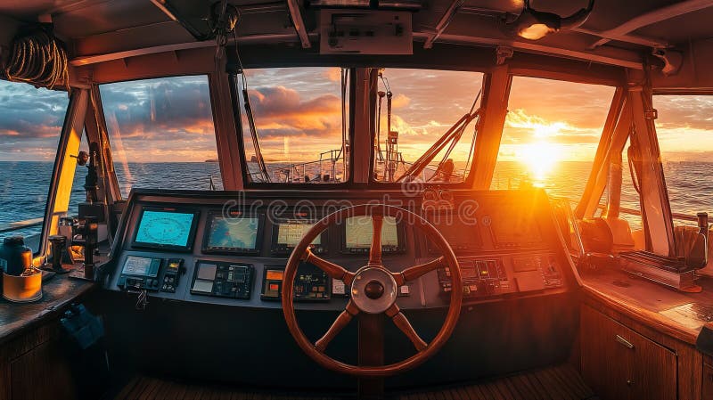 Captain S View at Sunrise. Ship Control Panel and the Sea Stock ...