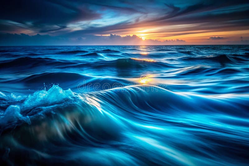 Captivating Abstract Blue Wave Drawing a Dramatic LowLight Ocean Water ...