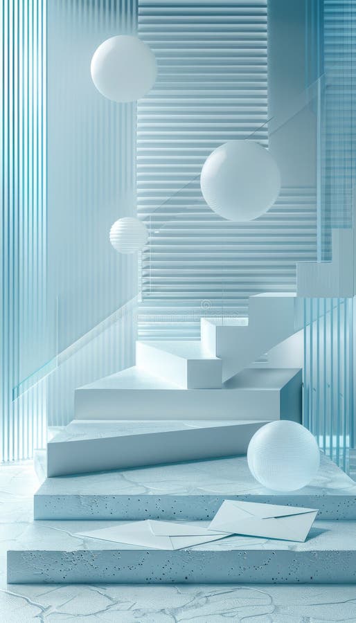 Abstract Geometric Interior Design with Floating Spheres and Steps in ...