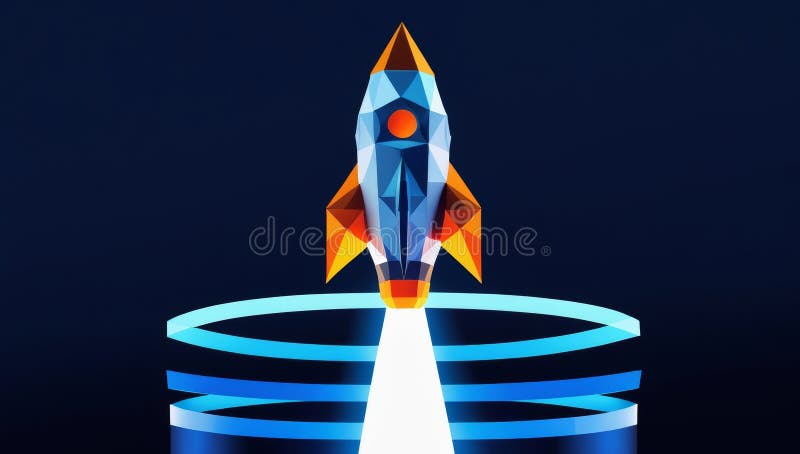 Abstract Geometric Rocket Launch Illustration on Dark Blue Background ...