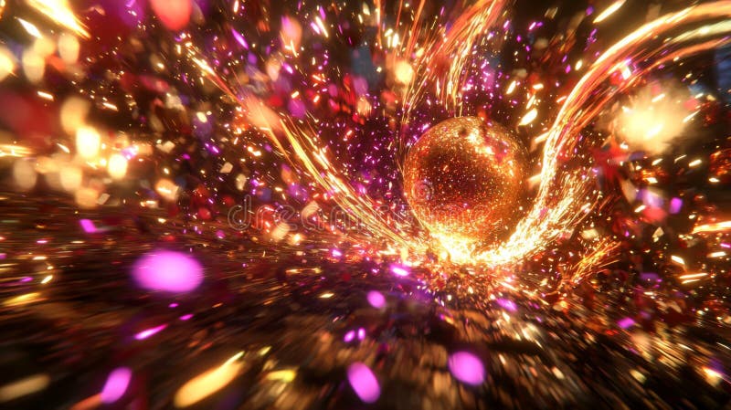 Sparkling Golden Sphere Exploding with Colorful Confetti and Light ...