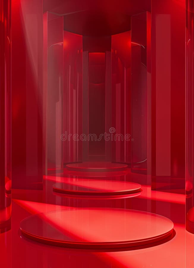 Abstract Red Gradient Background with Glass Podiums and Reflective ...