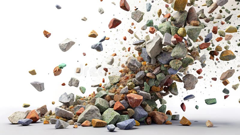 Dynamic Abstract Stone Debris Cascade Against a Pristine White ...