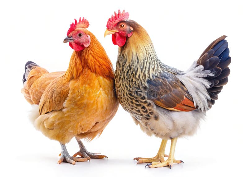Two Adorable Farm Hens of Different Breeds SidebySide Against a Bright ...