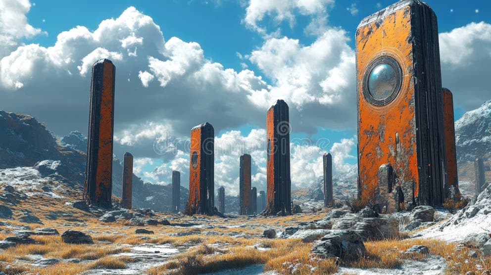 Alien Fields with Vibrant Monolithic Structures Stock Image - Image of ...