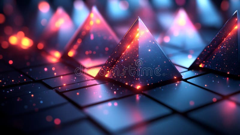 A Captivating Arrangement of Glowing Pyramids on a Reflective Surface ...