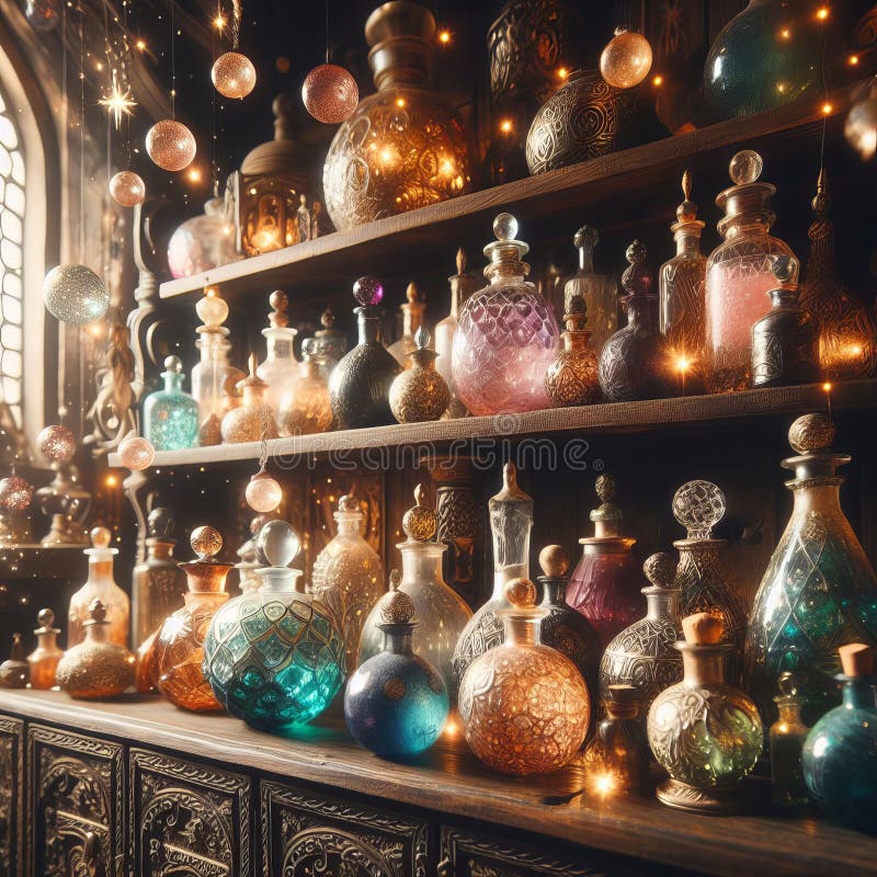 Enchanted Potion Bottles on Mystical Shelves Stock Image - Image of ...