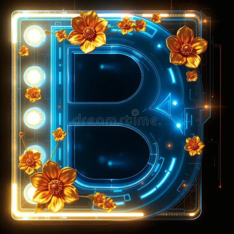 Futuristic Sci-fi Light Art Piece, Featuring Golden Letter B Adorned ...