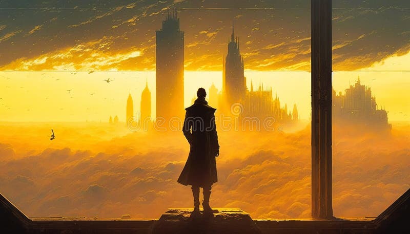 Man Contemplating a Futuristic City in the Clouds Stock Illustration ...