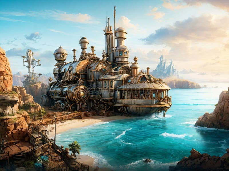 A Steampunk Colossus on the Sea Shore, AI Generative, Artwork Stock ...