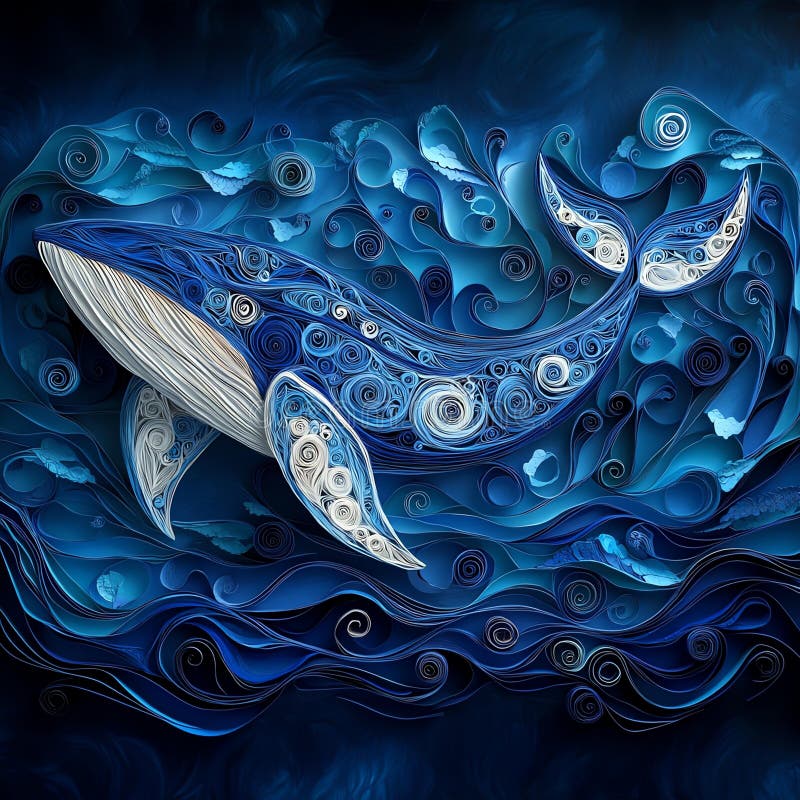 Artful Blue Whale in Abstract Ocean Waves with Swirling Patterns Stock ...