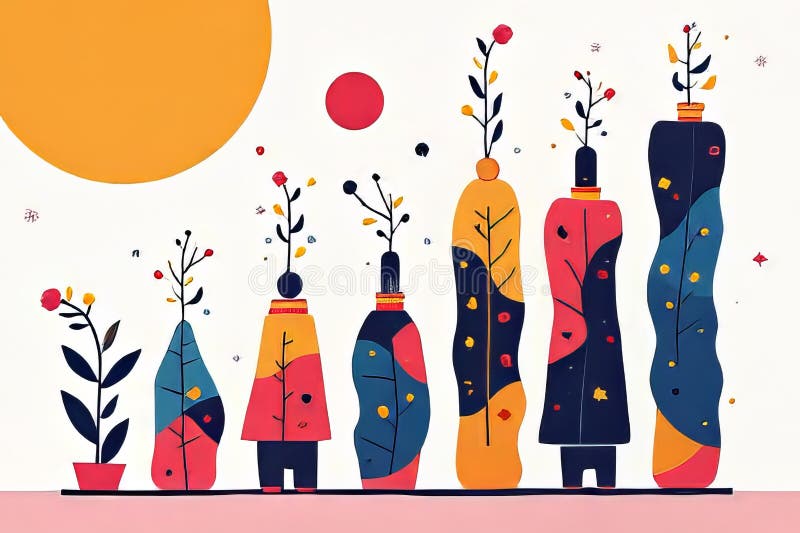 Vibrant Abstract Botanical Design a Row of Colorful Plants and Figures ...