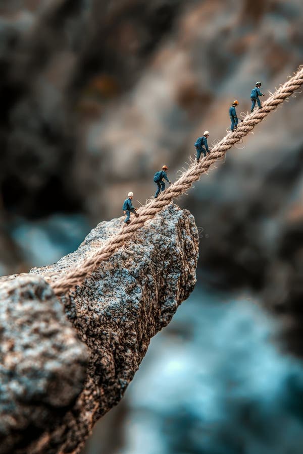 Two Miniature Figures Walking a Tightrope in a Scene of Cooperation and ...