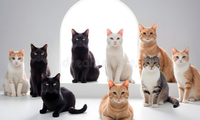 Diverse Group of Cats by Arched Window Stock Photo - Image of friends ...