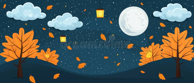Enchanting Autumn Night Scene Moonlit Landscape with Falling Leaves and ...