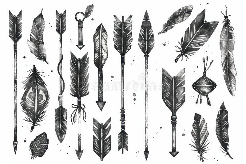 Black and White Artistic Illustration of Arrows and Feathers Stock ...