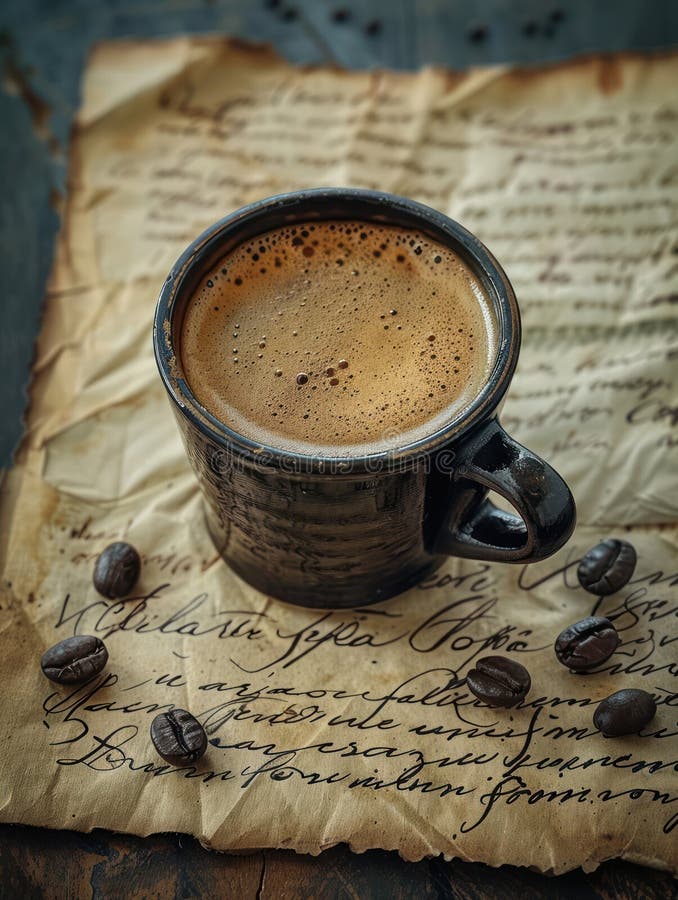 Ancient Scripted Pages and Rustic Coffee Cup with Coffee Beans a Blend ...