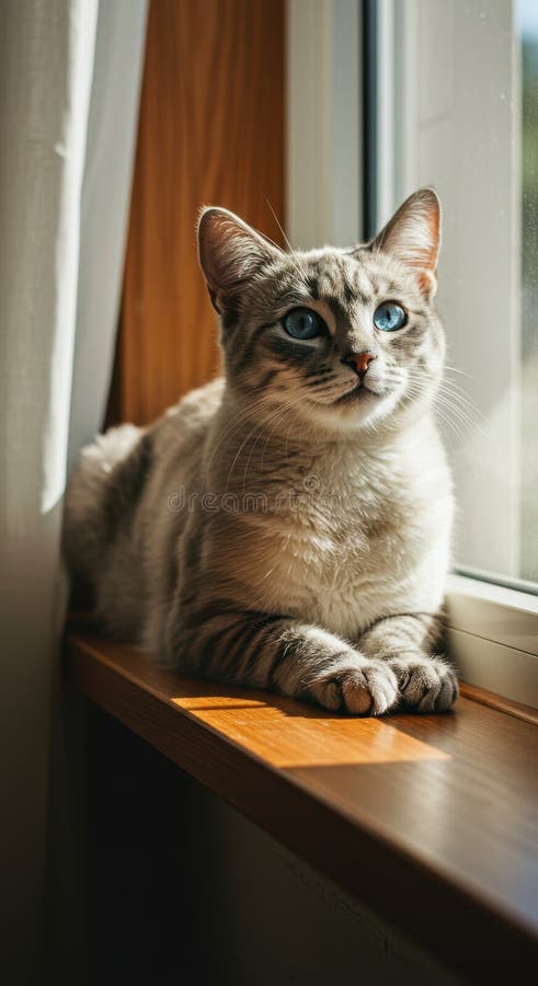 Captivating Blue-eyed Tabby Cat Resting on Sunlit Windowsill Stock ...