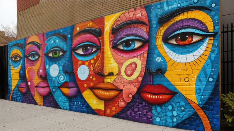 Multicolored Faces Mural on Brick Wall Stock Image - Image of diversity ...