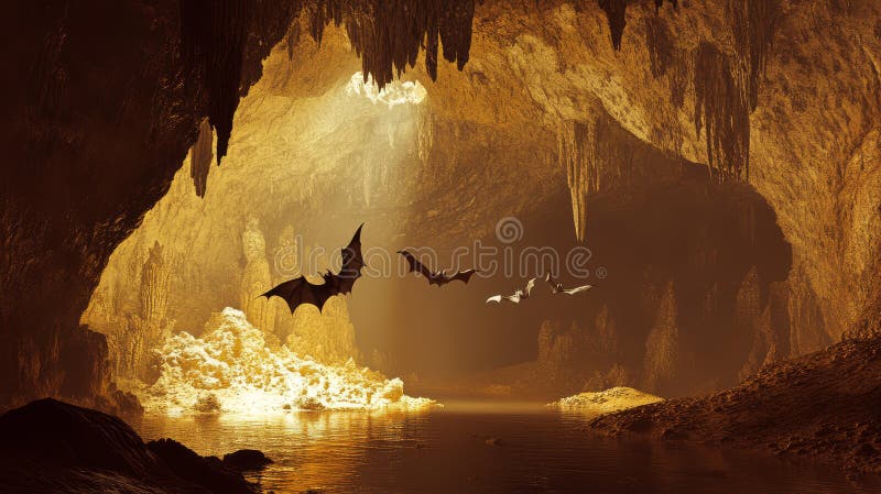 Captivating Cave Landscape Featuring Bats Flying in Mystical ...
