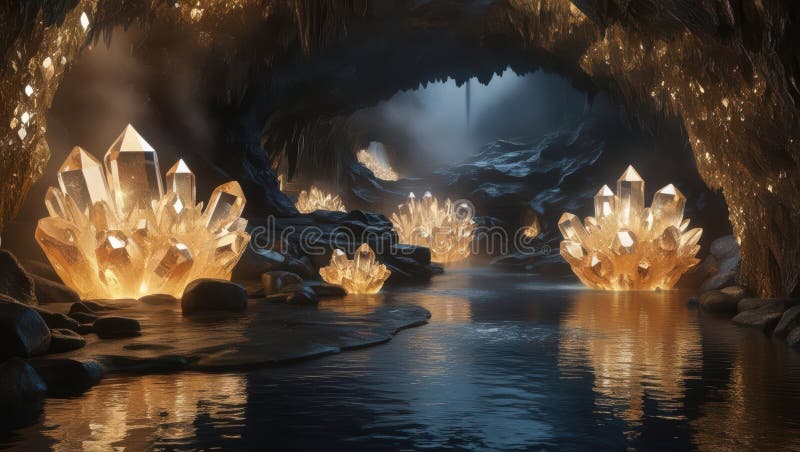 Captivating Cave with a Stream and Waterfall Surrounded by Glowing ...
