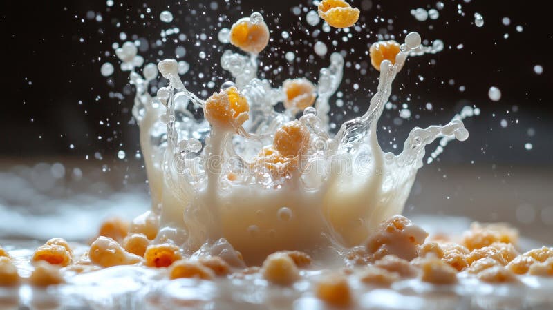 Captivating Cereal Splash in Fresh Milk during Breakfast Stock Image ...