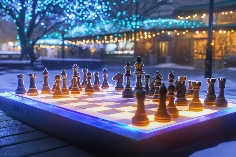 Chess Game Illuminated by Colorful Lights during Winter Evening in ...
