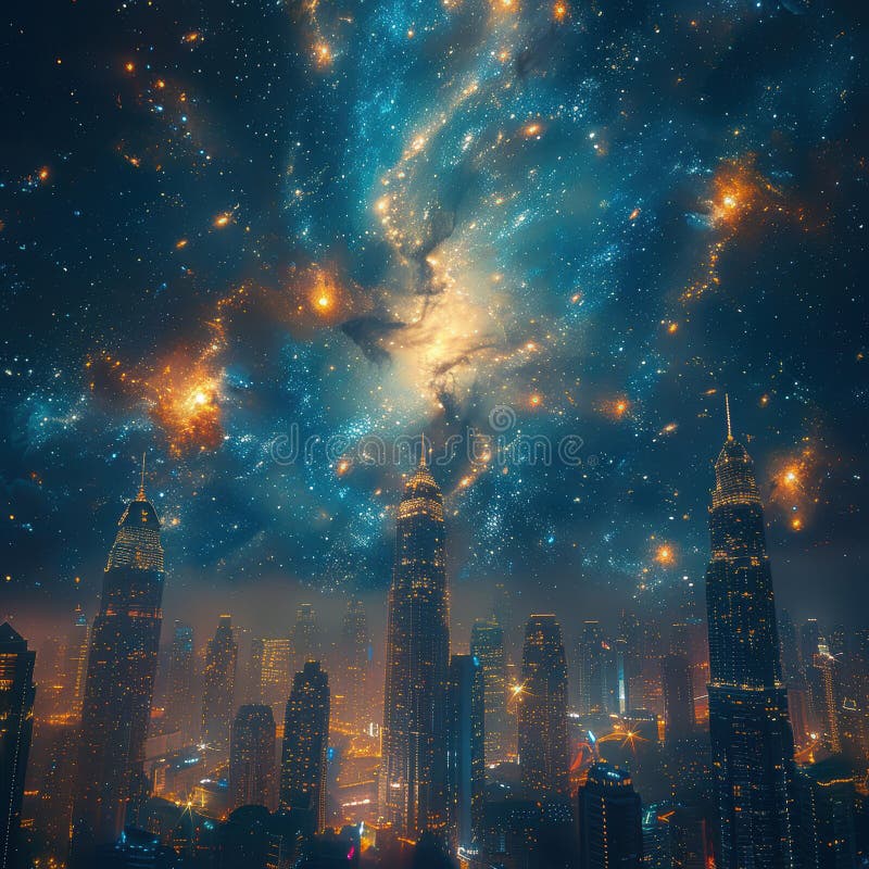 A Captivating Cityscape Set Against a Cosmic Backdrop, with Tall ...