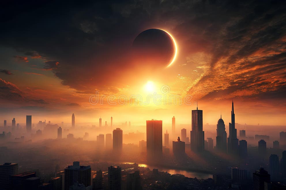 Urban Eclipse: Partially Obscured Sun in Cityscape Stock Illustration ...