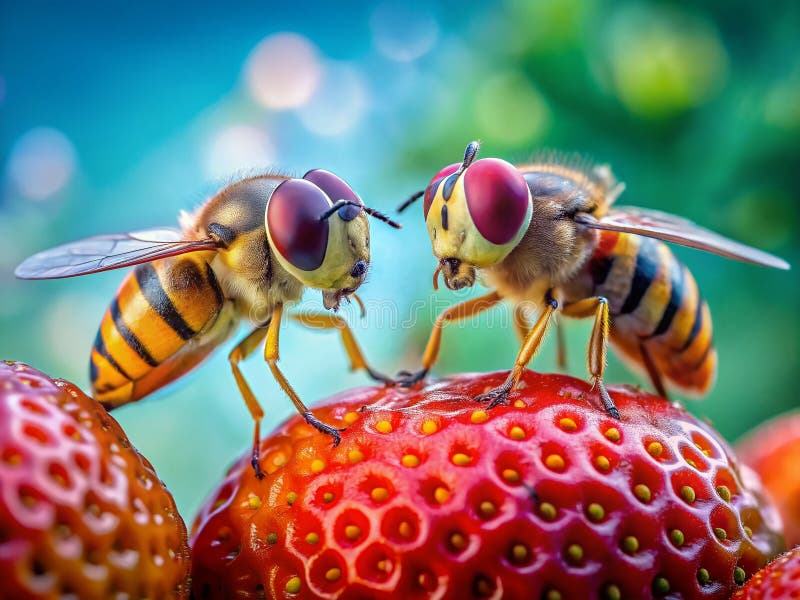 Intense Encounter Two Hoverflies Battle for a Juicy Strawberry a ...