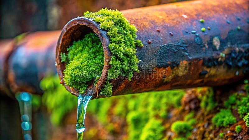 Closeup View of a Leaky Rusty Pipe with Extensive Moss Growth and Water ...