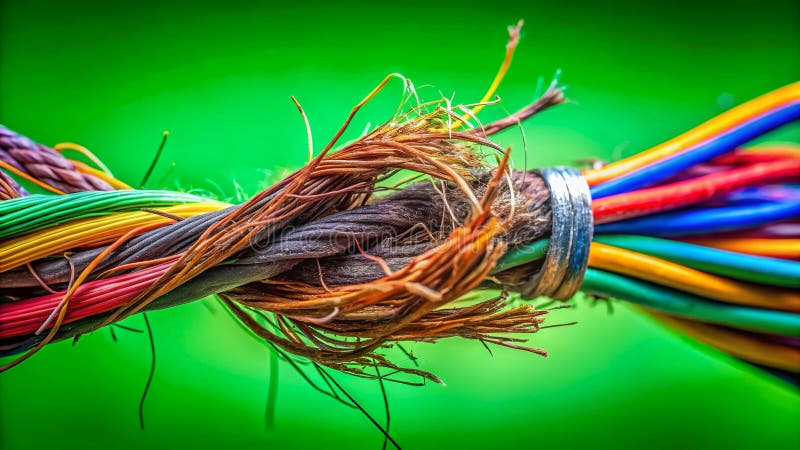 Damaged Electrical Wire Closeup Against a Vibrant Green Background a ...