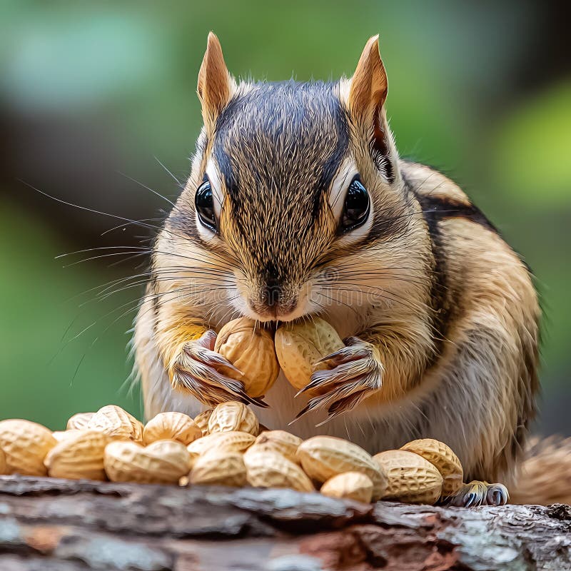 Closeup of an Eastern Chipmunk Enjoying Peanuts on a Log a Detailed ...